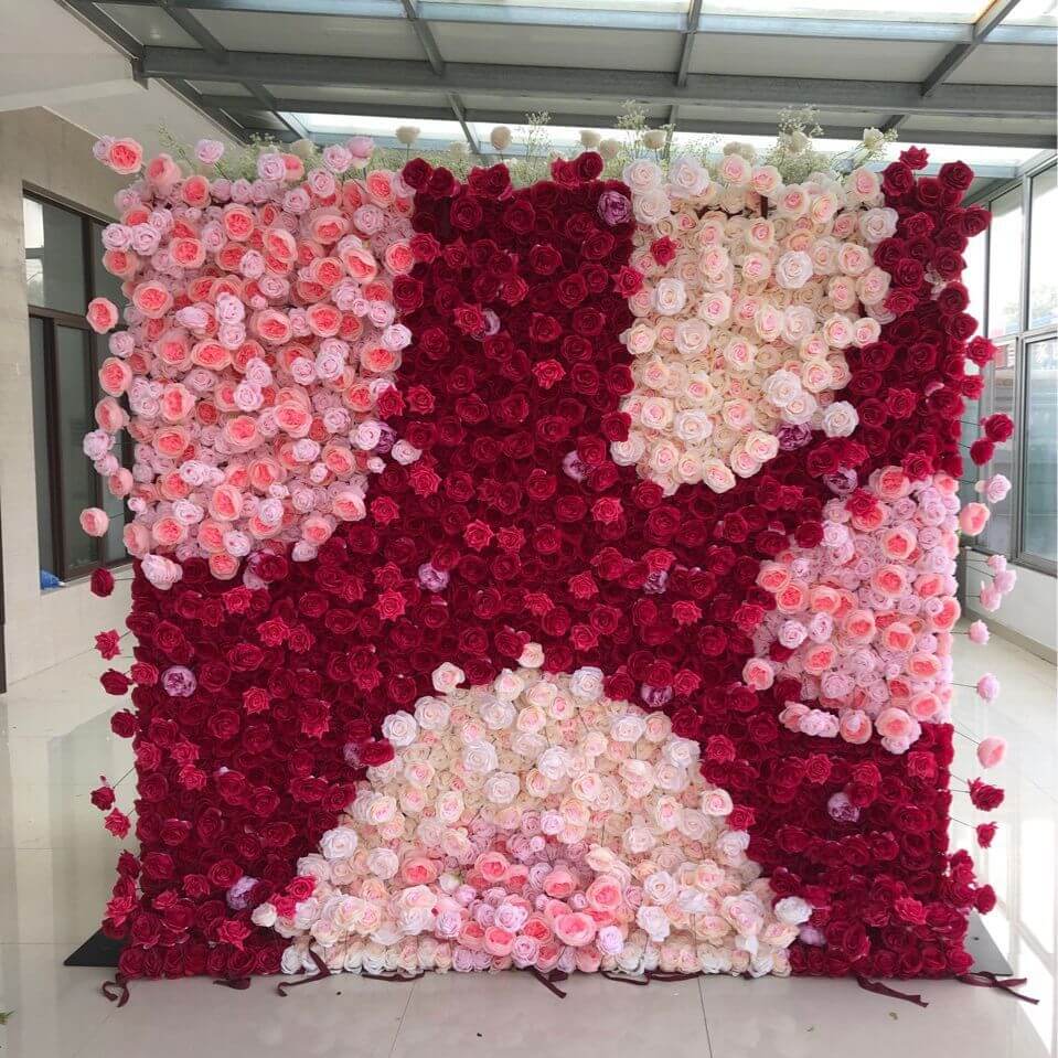 Roseytime 5D Red&Pink Flower Wall Backdrop Rolling Up Fabric Back #RTW
